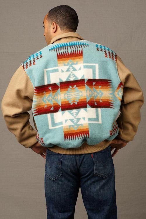 Kraffs Bomber Jacket, Chief Joseph Aqua, with Tan Melton Wool Sleeves ...